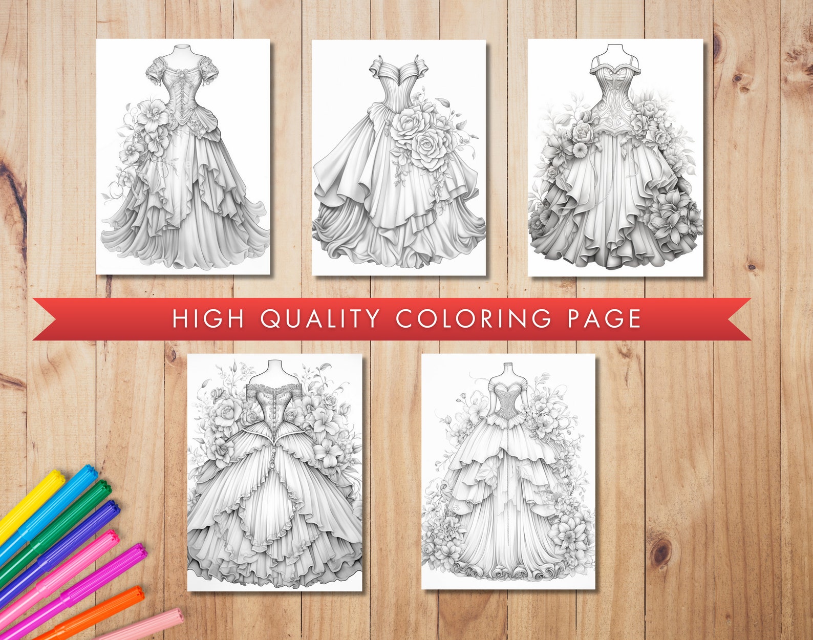 25 Floral Dress Coloring Pages Adult and Kids Coloring Book, Floral ...