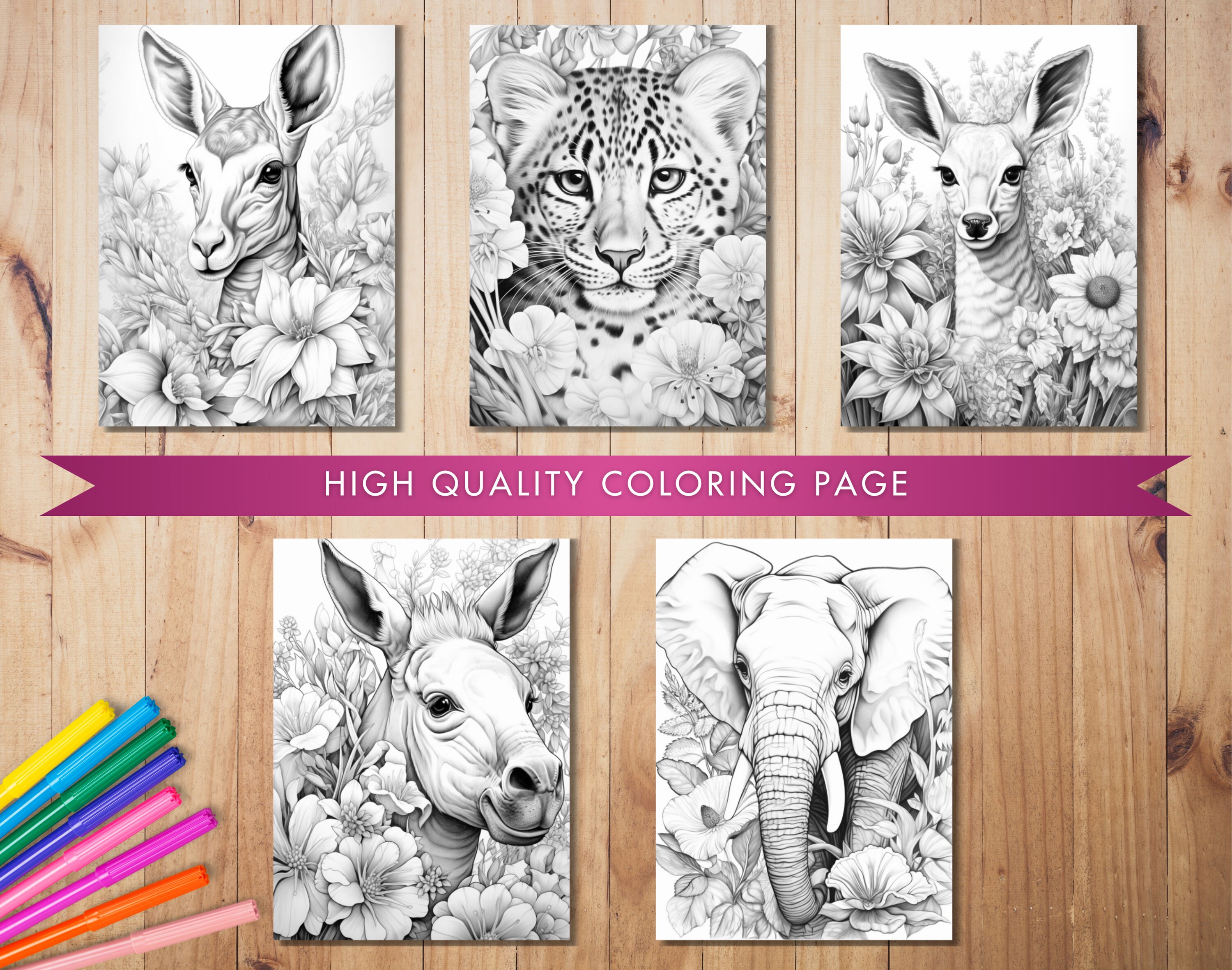25 Floral Safari Animals Coloring Book, Printable African Animal ...