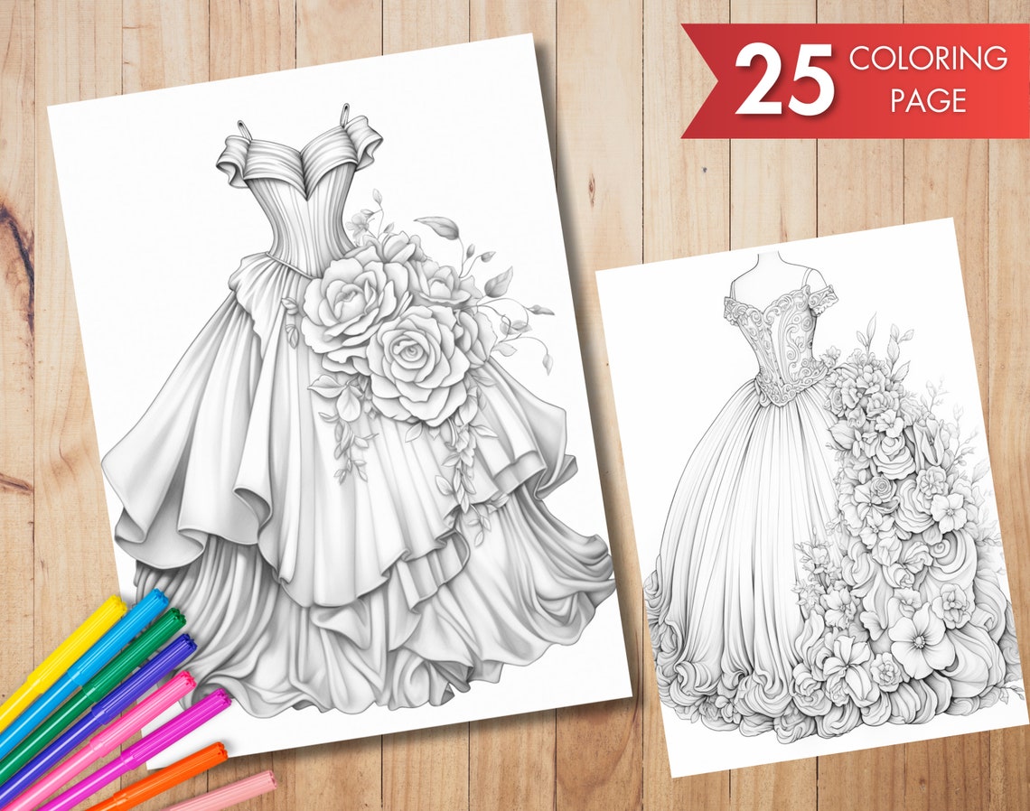 25 Floral Dress Coloring Pages Adult and Kids Coloring Book, Floral ...