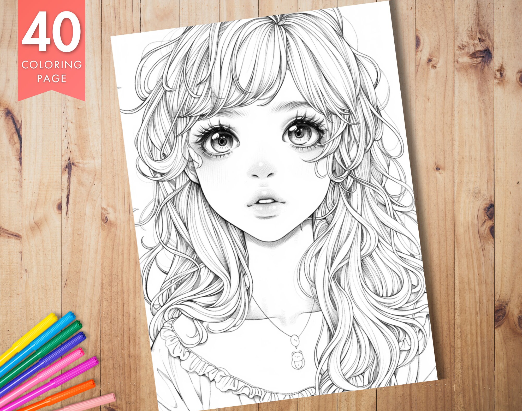 Cute Anime Girls Coloring Pages for Adults, Grayscale Coloring Pages ...