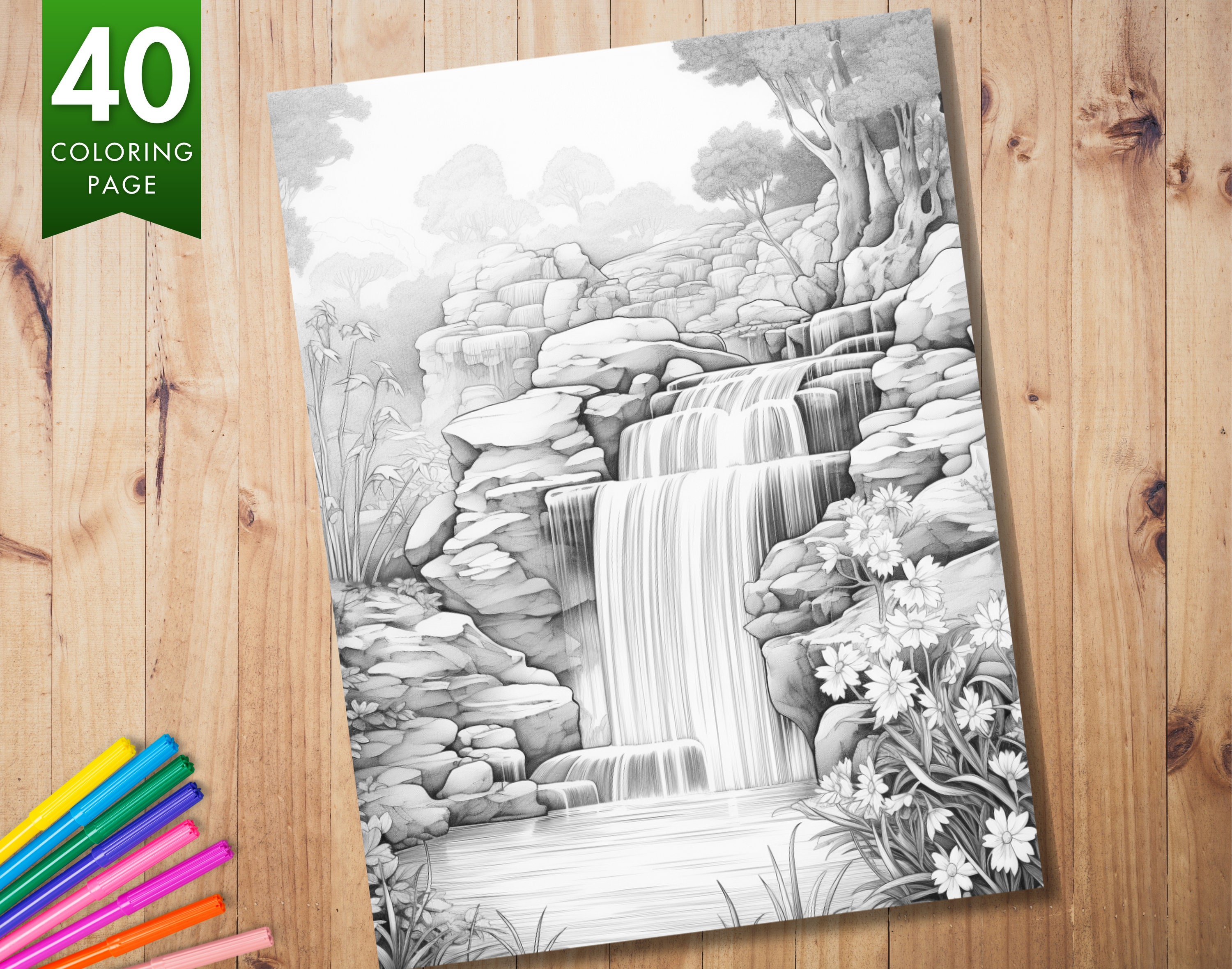 40 Waterfall Coloring Book | Printable Adult Coloring Pages | Grayscale ...