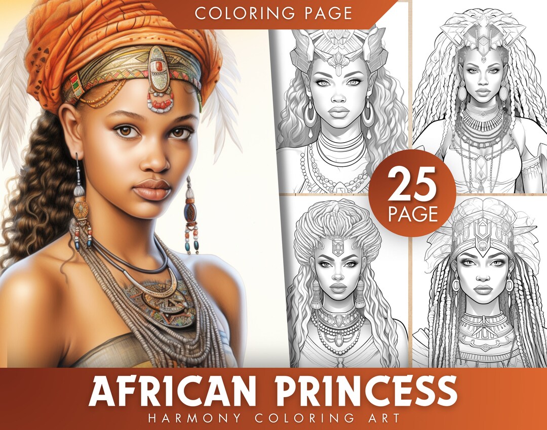 African Princess Queen Coloring Book, Grayscale Women Portraits ...