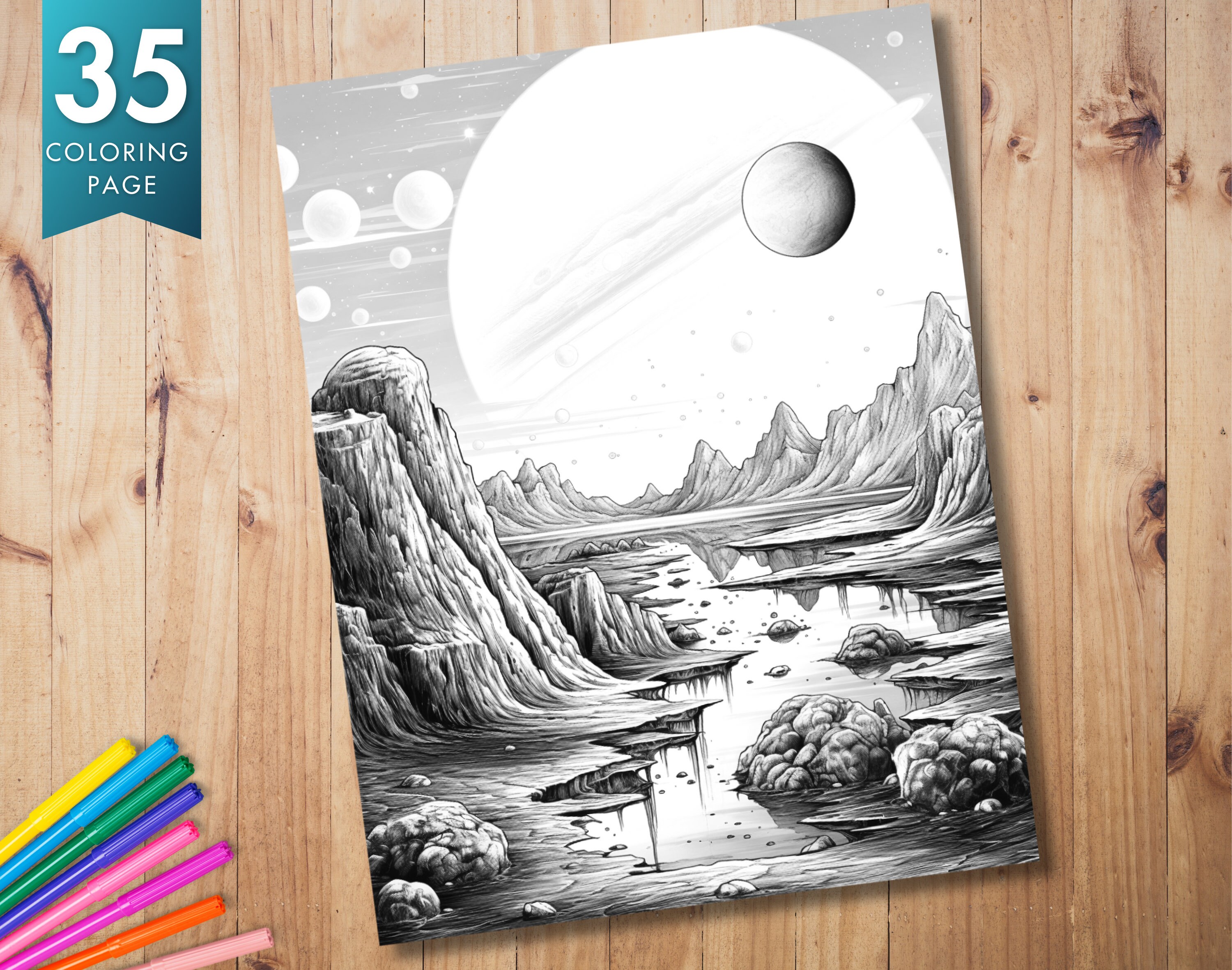 35 Cosmic Planet Grayscale Coloring Pages, Future Universe (JPEG/PDF ...