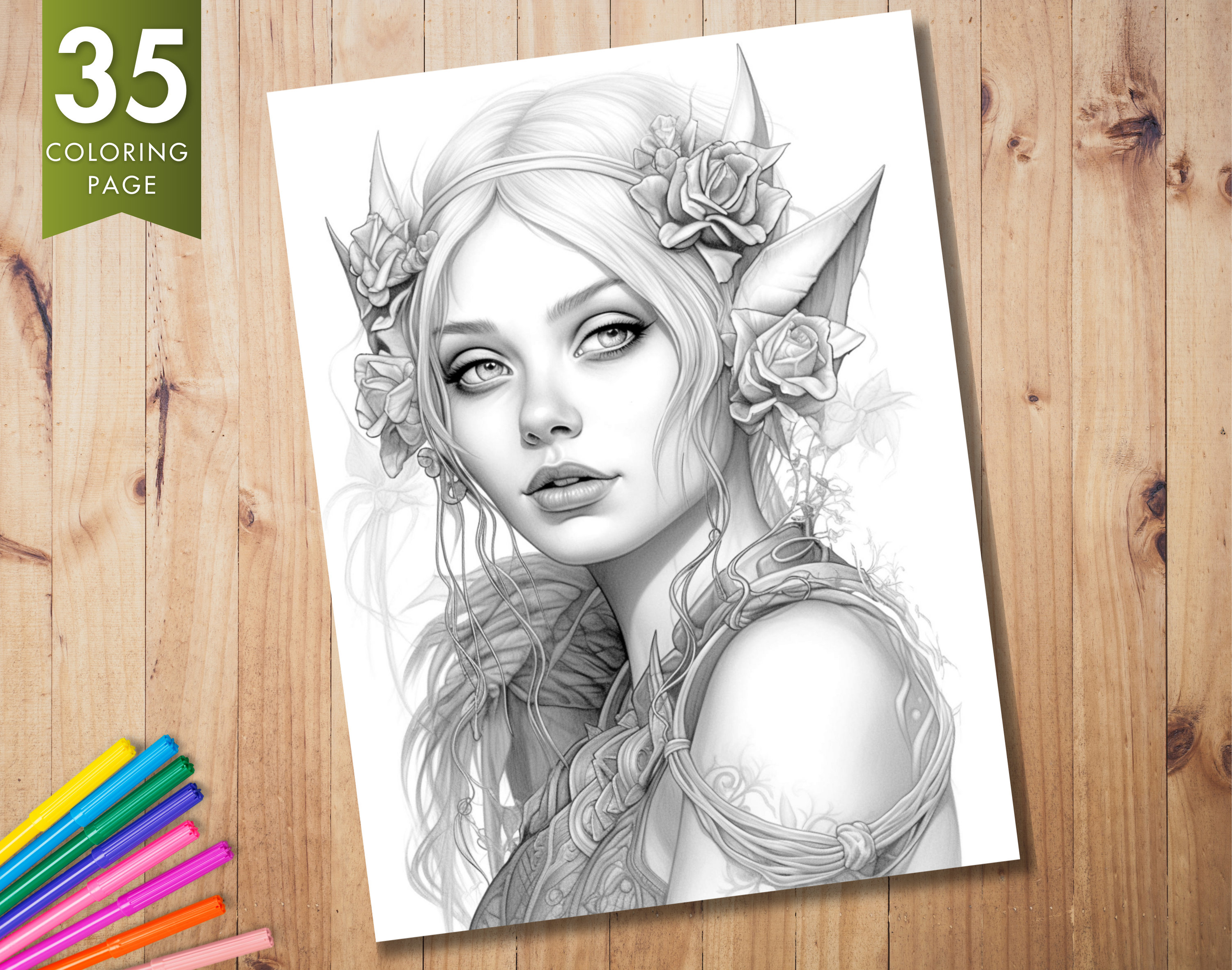 35 Female Elves Coloring Pages, Elf Coloring, Grayscale Coloring Book ...