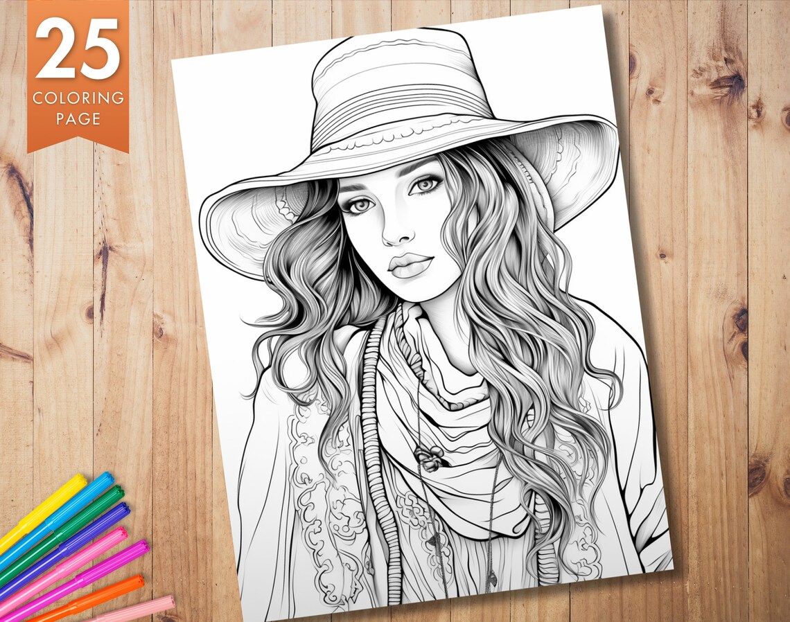 25 Bohemian Style Digital Coloring Book Fashion Girls Coloring Pages ...