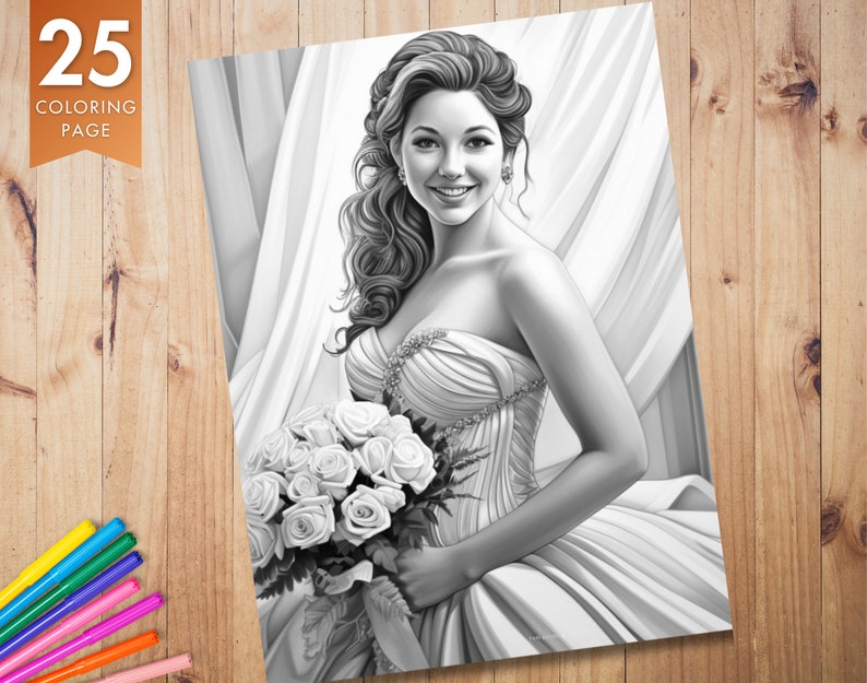 Realistic Bridal Coloring Pages for Adult, Wedding Coloring Book, 25 ...