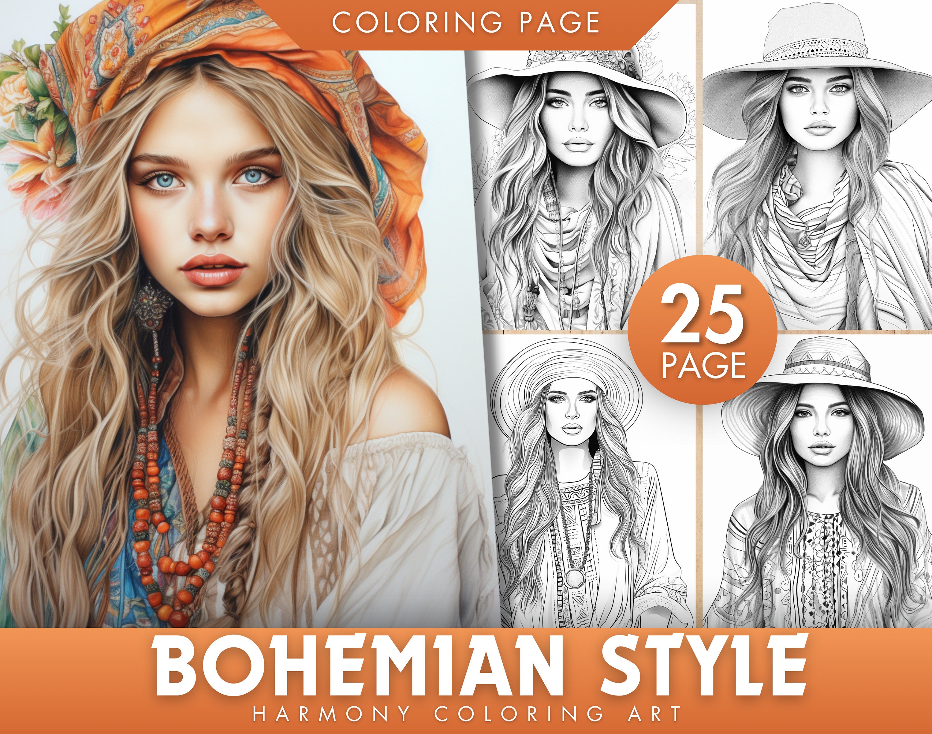 25 Bohemian Style Digital Coloring Book Fashion Girls Coloring Pages ...