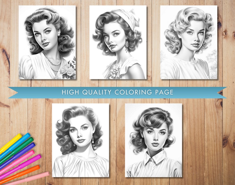 1950s Fashion Coloring Book | Grayscale Women Portraits (printable PDF ...