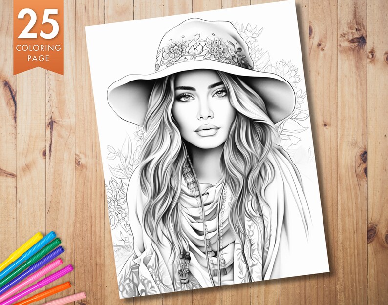 25 Bohemian Style Digital Coloring Book Fashion Girls Coloring Pages ...