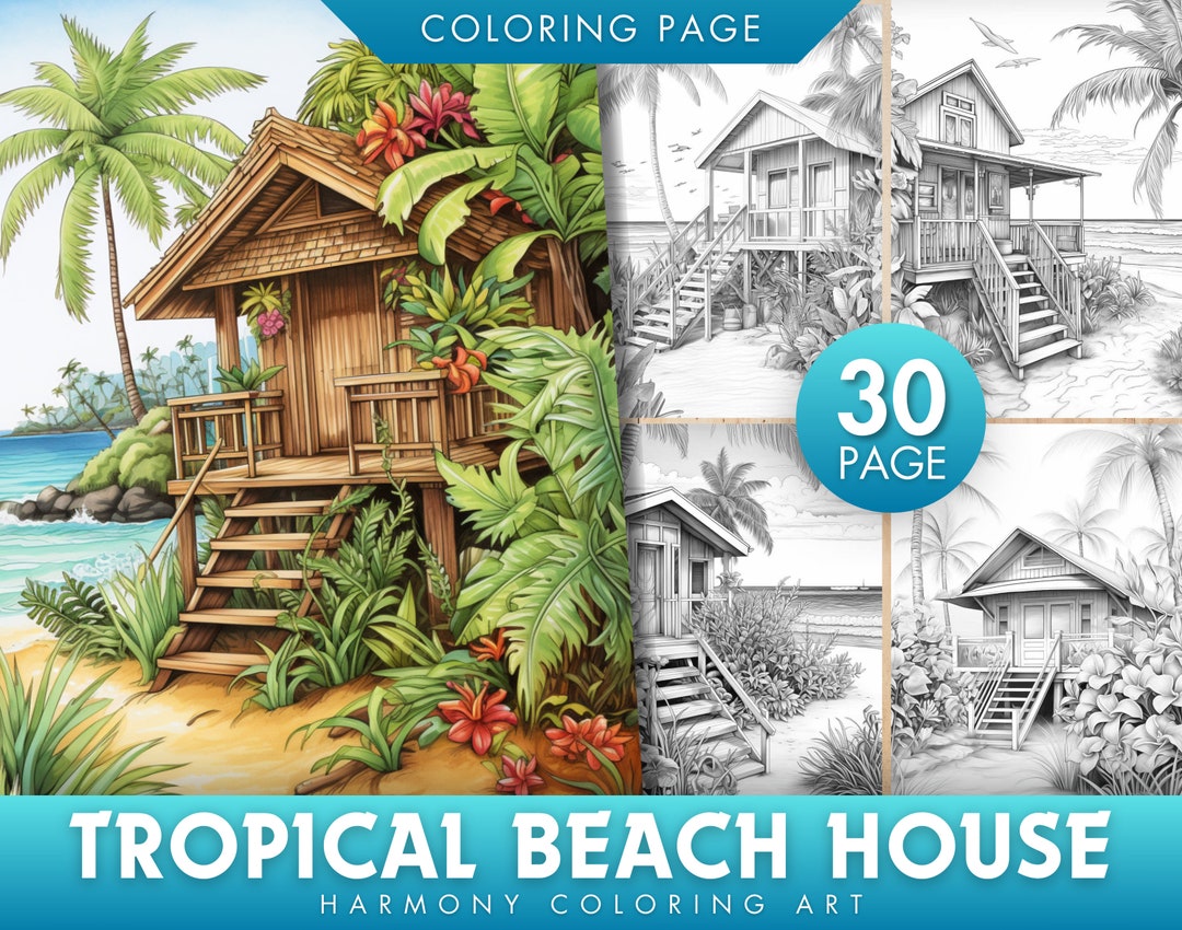 30 Tropical Beach House Coloring Pages | Printable PDF Format | Summer ...