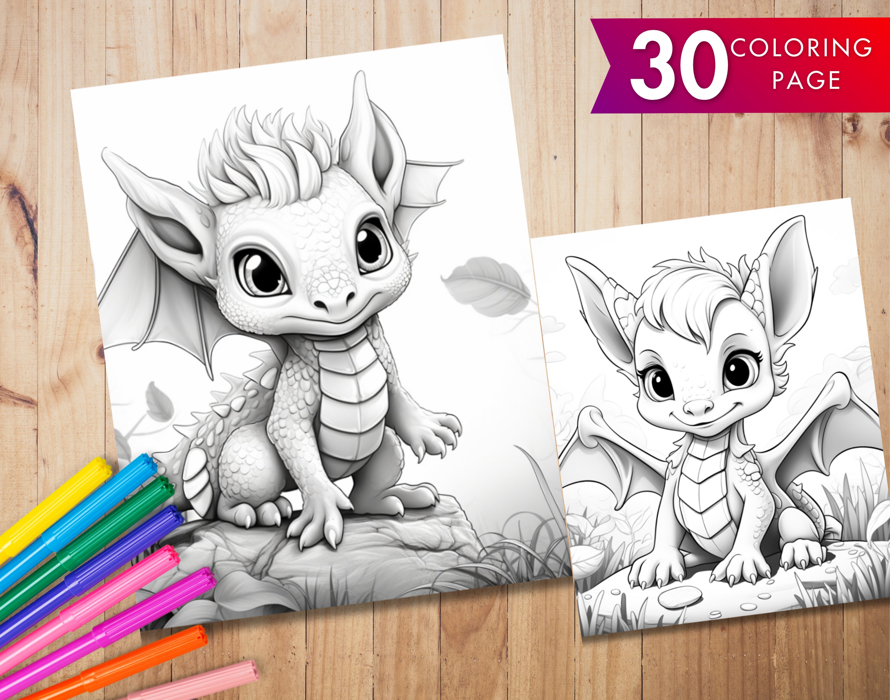 Fantasy Baby Dragon Coloring Pages, Grayscale Art (printable PDF) - Etsy