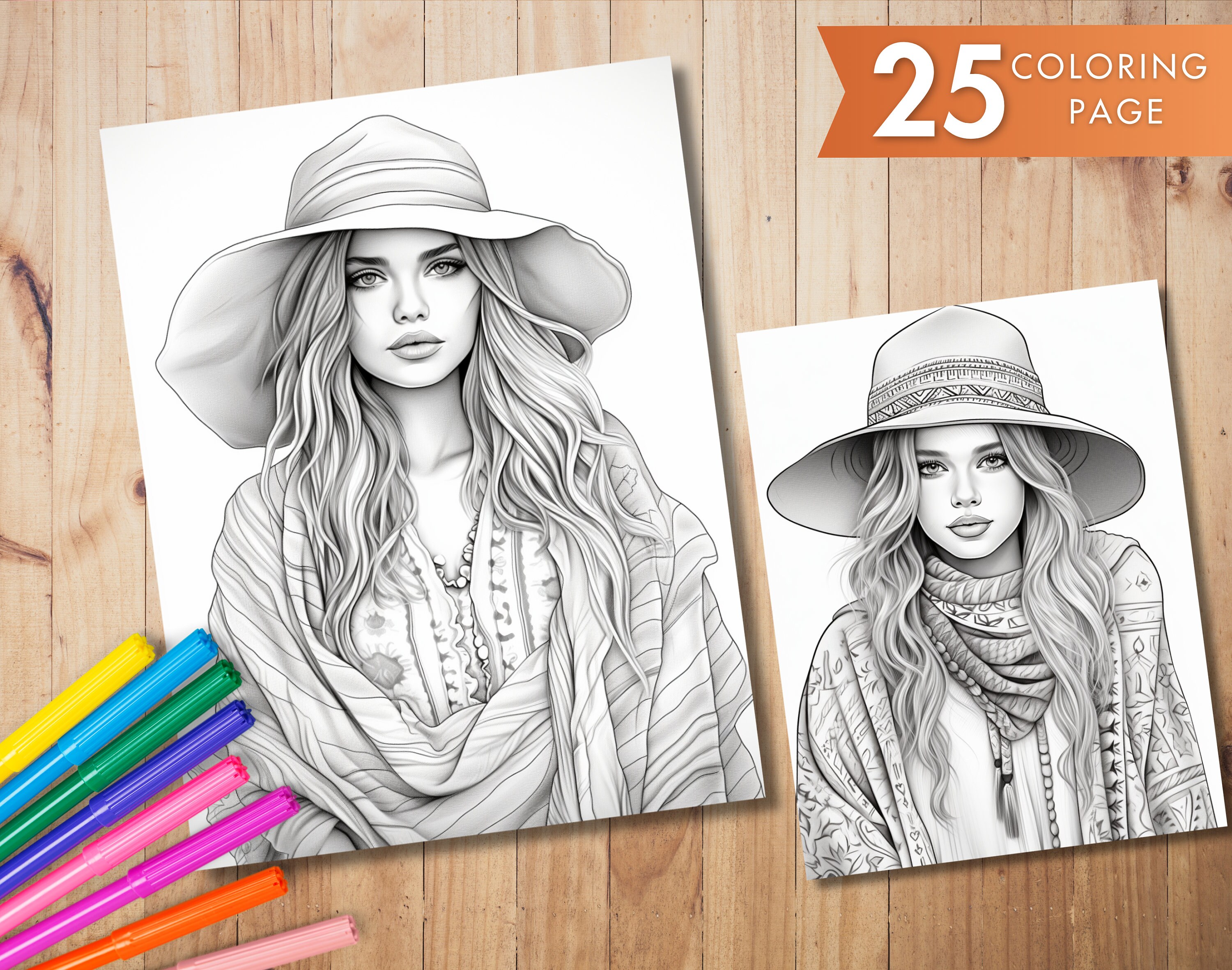 25 Bohemian Style Digital Coloring Book Fashion Girls Coloring Pages ...