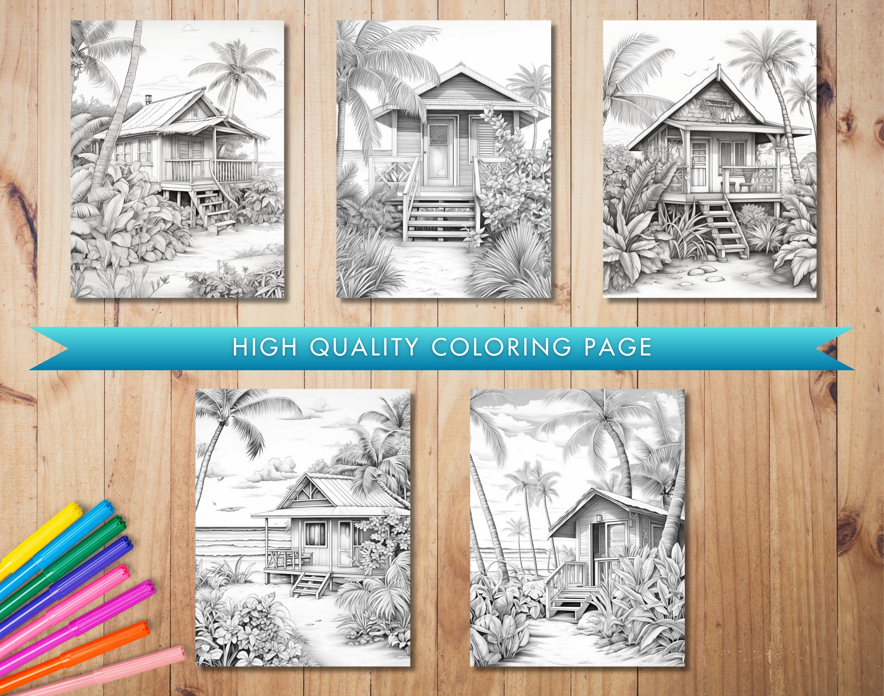 30 Tropical Beach House Coloring Pages Printable PDF Format Summer ...