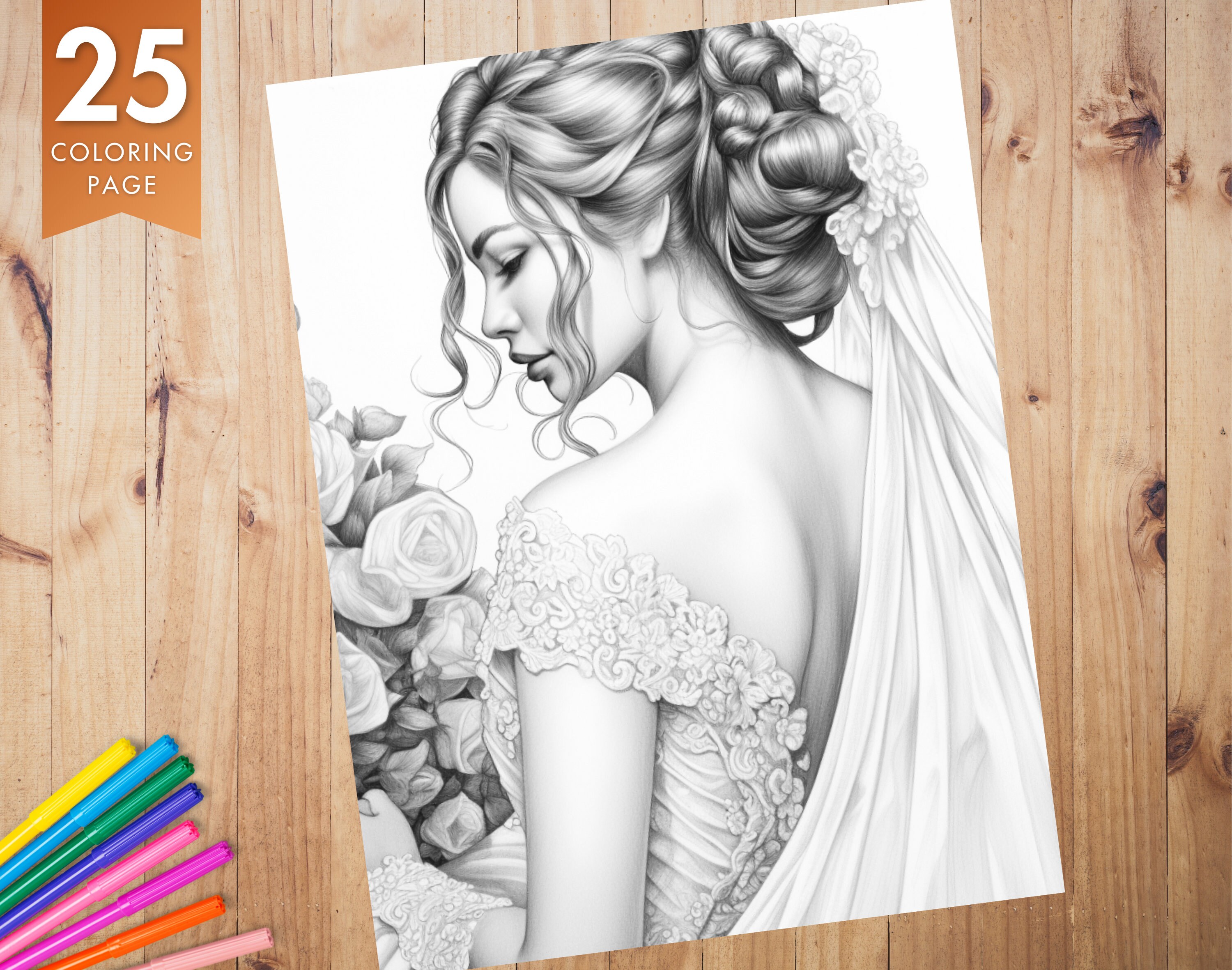 Realistic Bridal Coloring Pages for Adult, Wedding Coloring Book, 25 ...