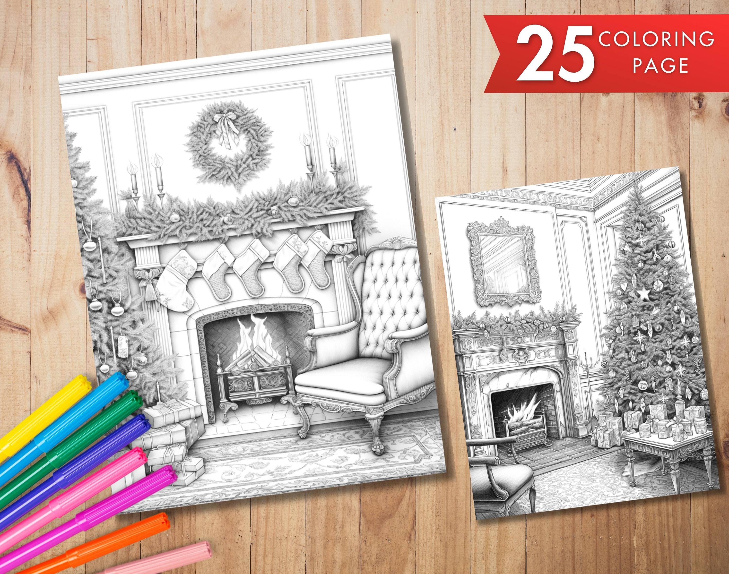 25 Christmas Interior Design Coloring Book, Christmas Room Architecture ...