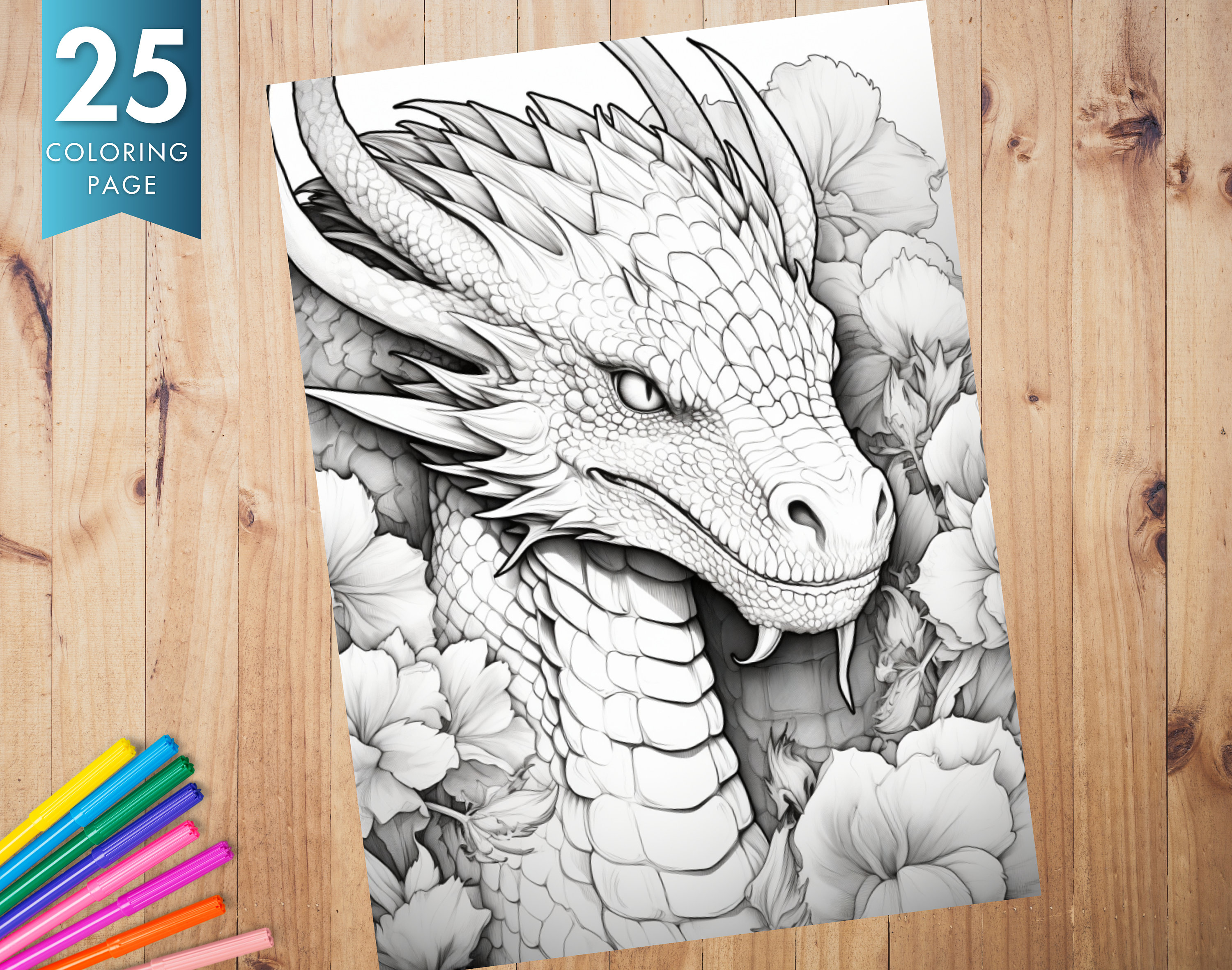 Flower Dragon Coloring Pages, Grayscale Art (printable PDF/JPEG) - Etsy