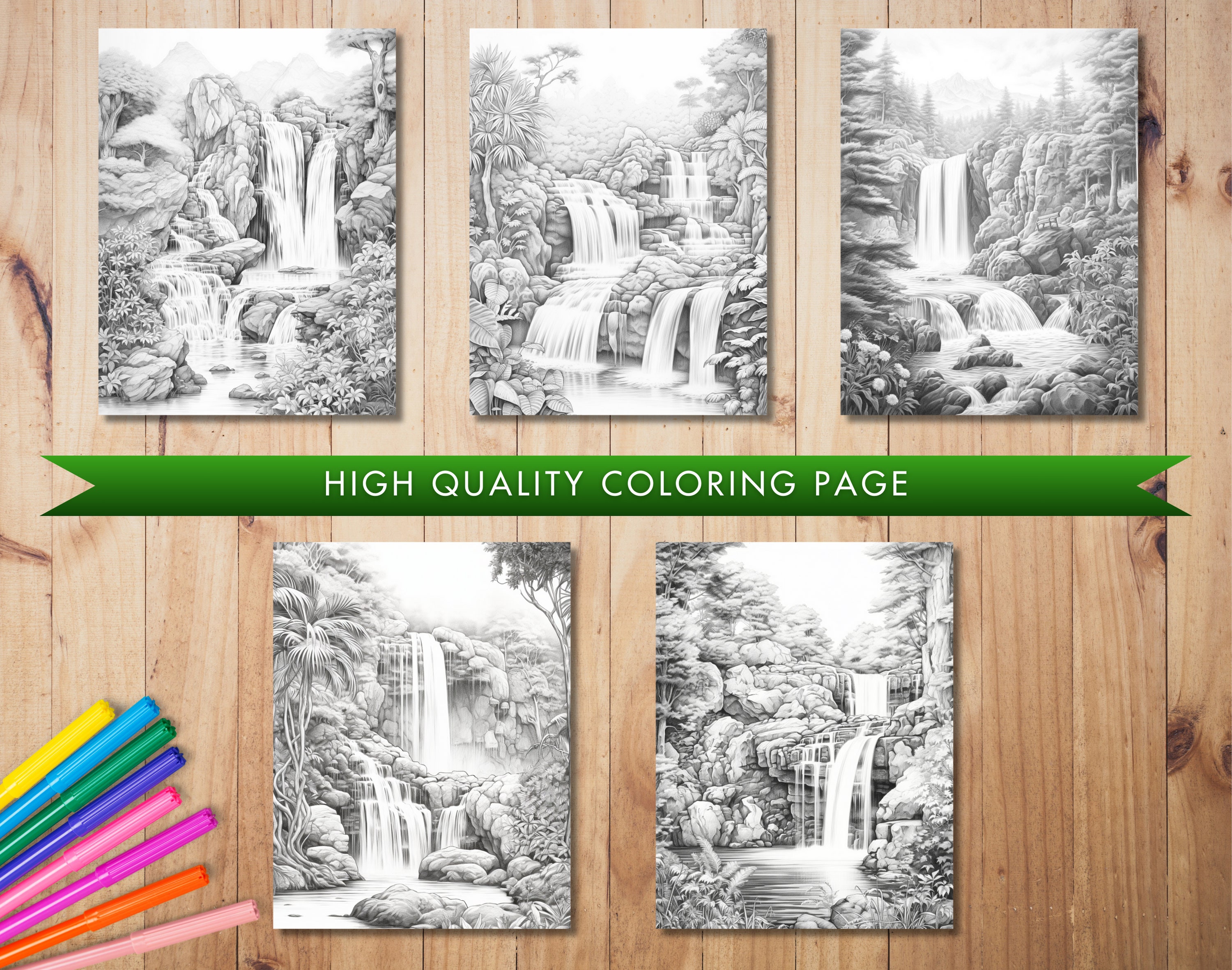 40 Waterfall Coloring Book Printable Adult Coloring Pages Grayscale ...