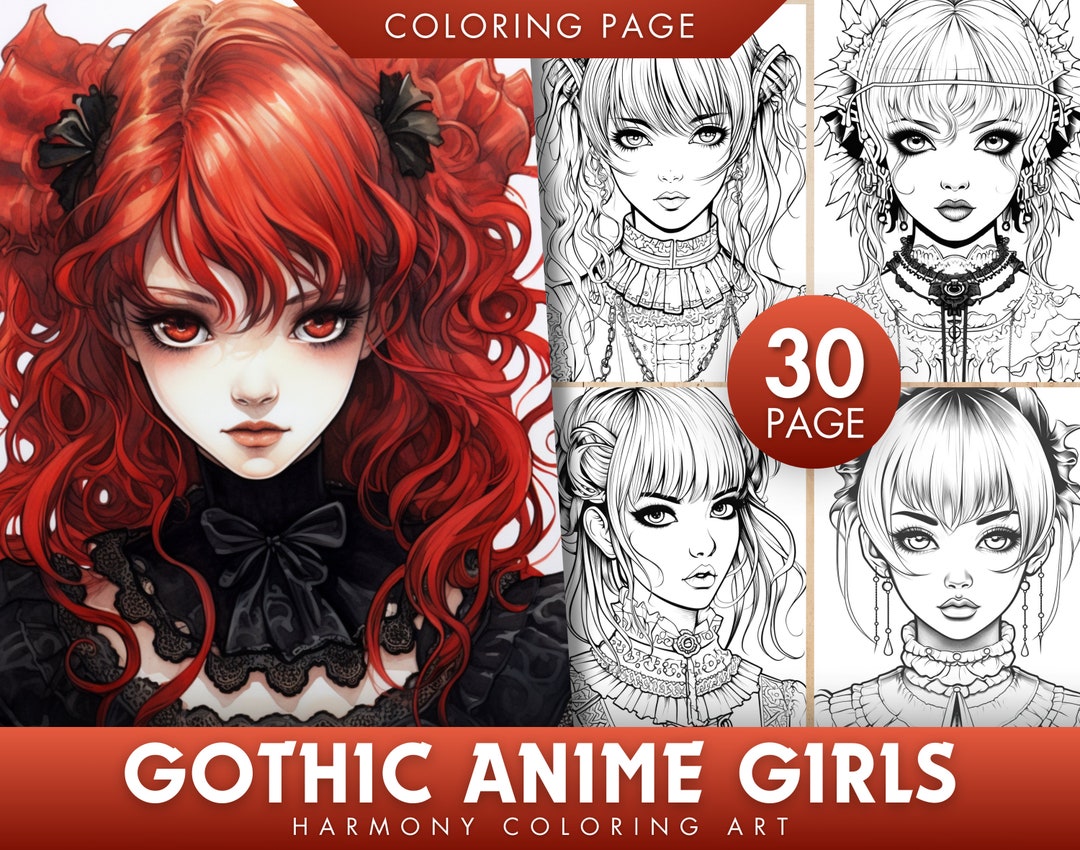 30 Gothic Anime Girls Coloring Pages for Adults, Grayscale Coloring ...