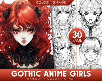 Anime Goth Girls Coloring Pages for Adults, Grayscale Coloring Page ...