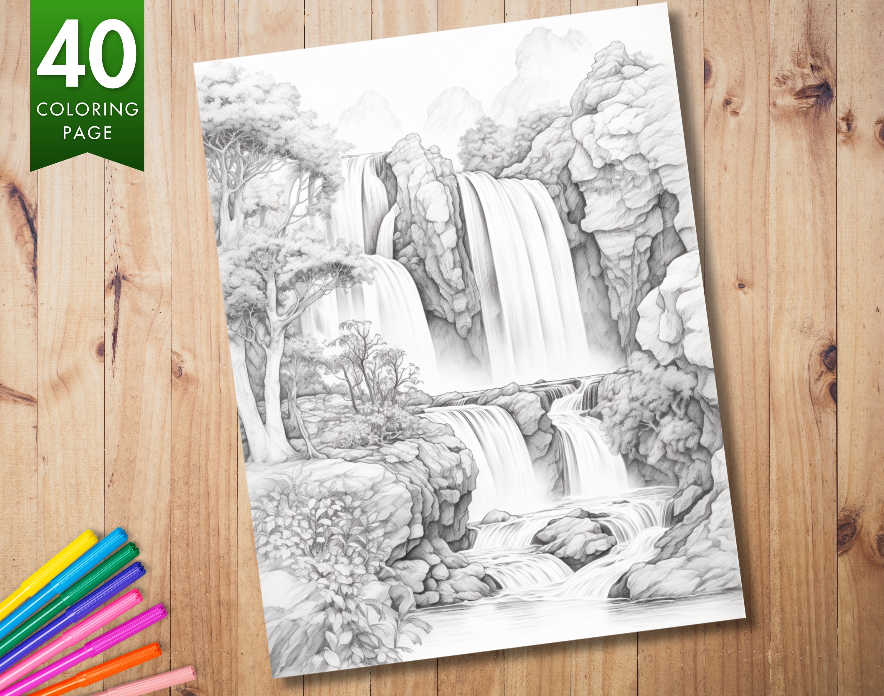 40 Waterfall Coloring Book | Printable Adult Coloring Pages | Grayscale ...