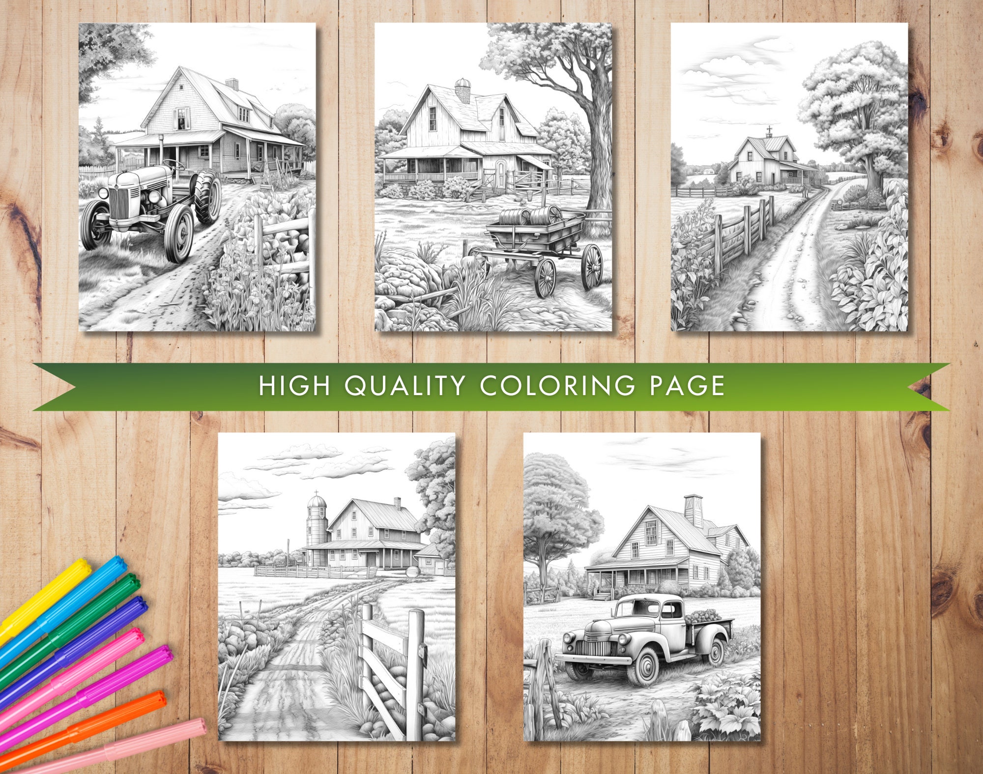 Country Farm 25 Coloring Pages, Instant Download, Grayscale Coloring ...