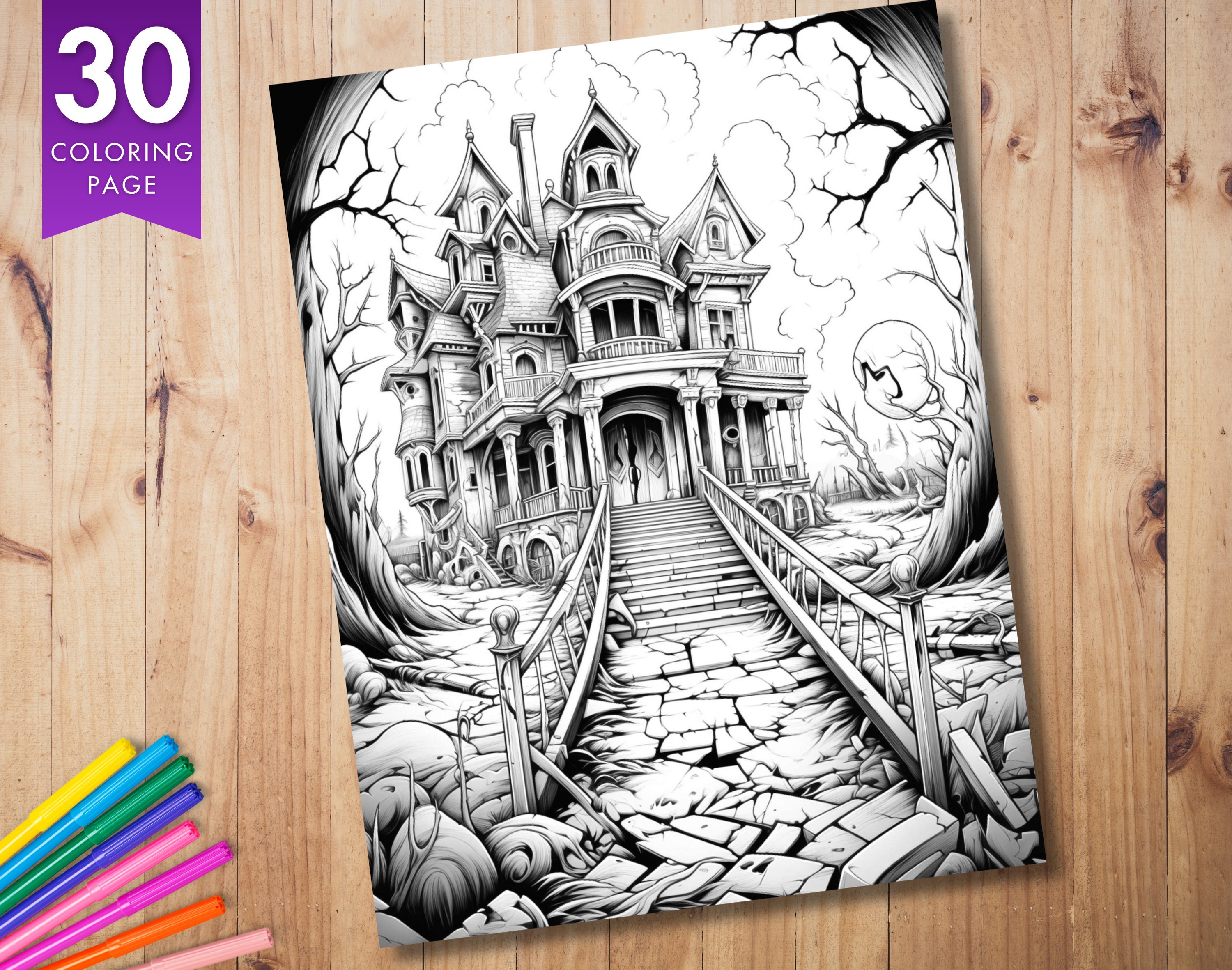 30 Haunted House Coloring Book for Adults Halloween Coloring Pages ...