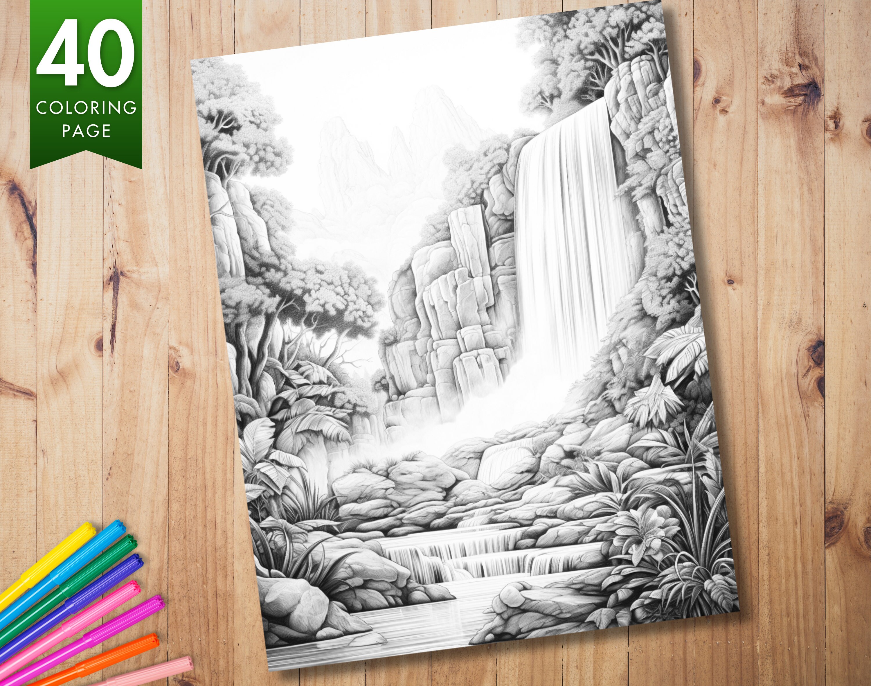 40 Waterfall Coloring Book | Printable Adult Coloring Pages | Grayscale ...