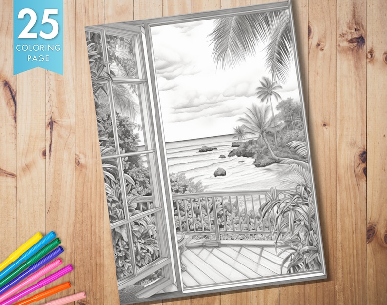Tropical Paradise Coloring Book, Grayscale Coloring Pages (printable ...