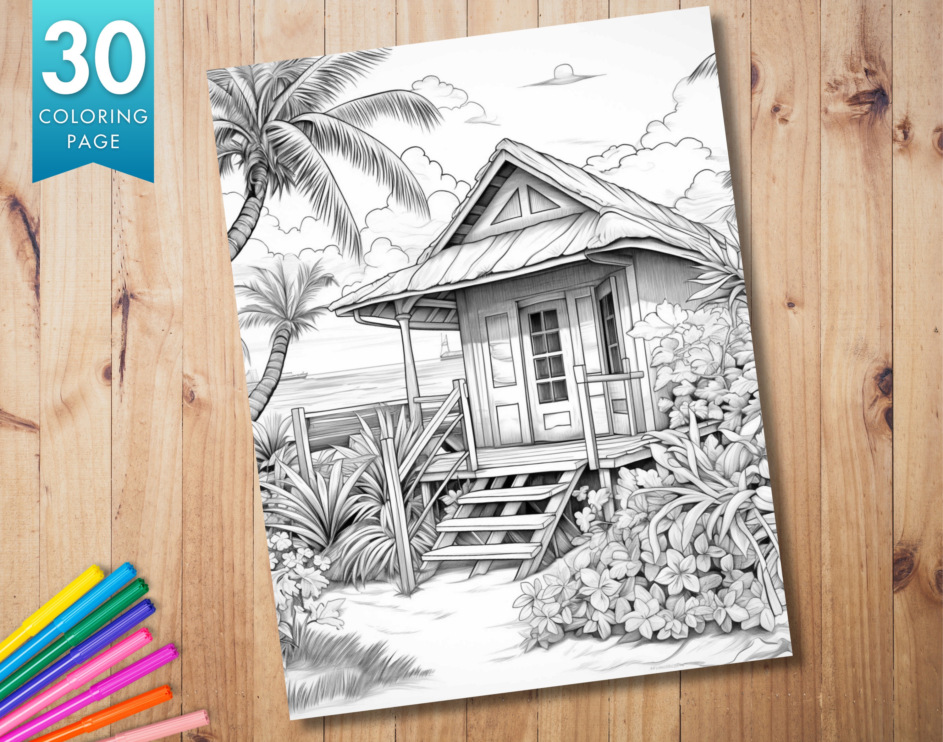 30 Tropical Beach House Coloring Pages Printable PDF Format Summer ...