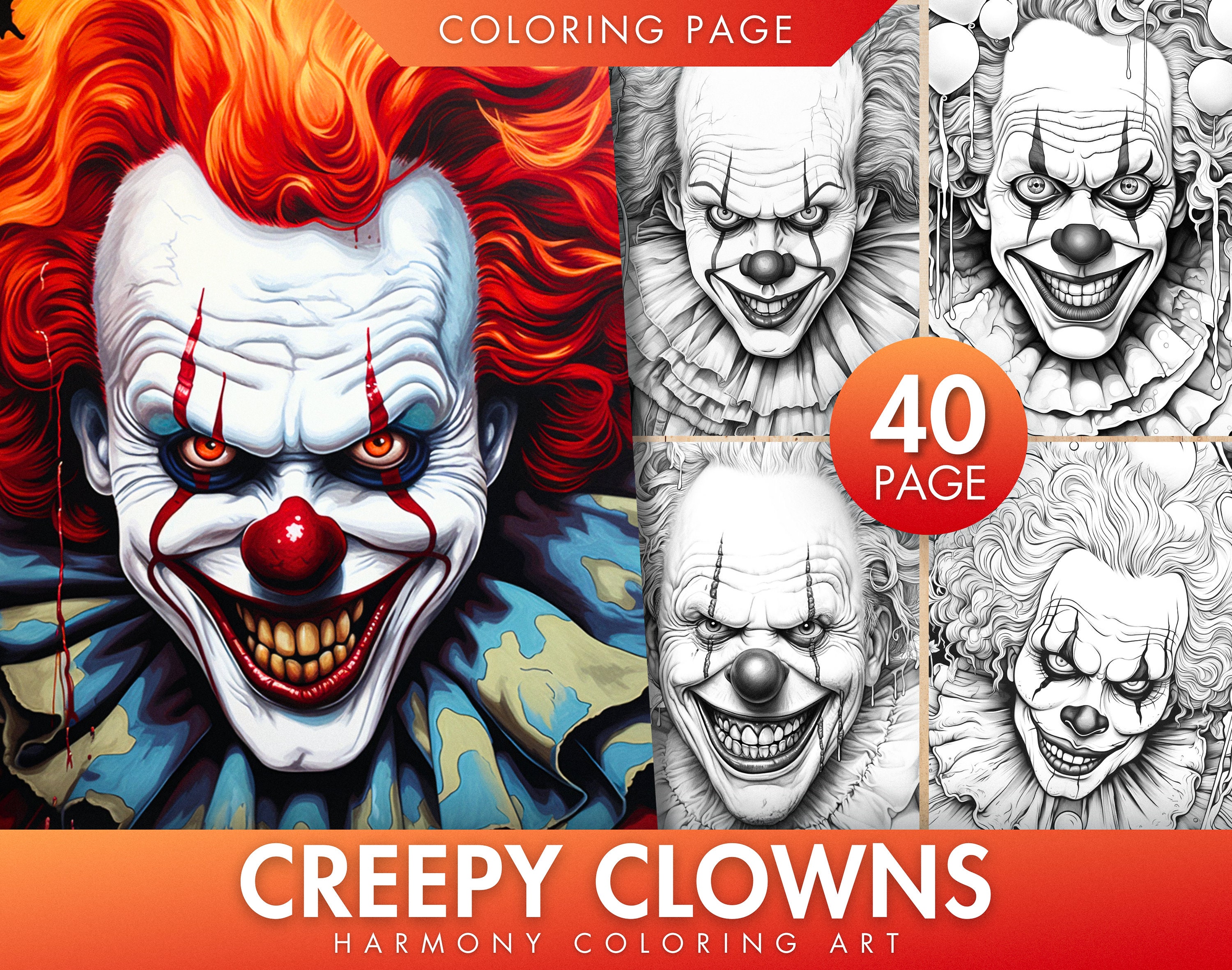 40 Scary Clowns Coloring Pages for Adults Realistic Horror Coloring ...