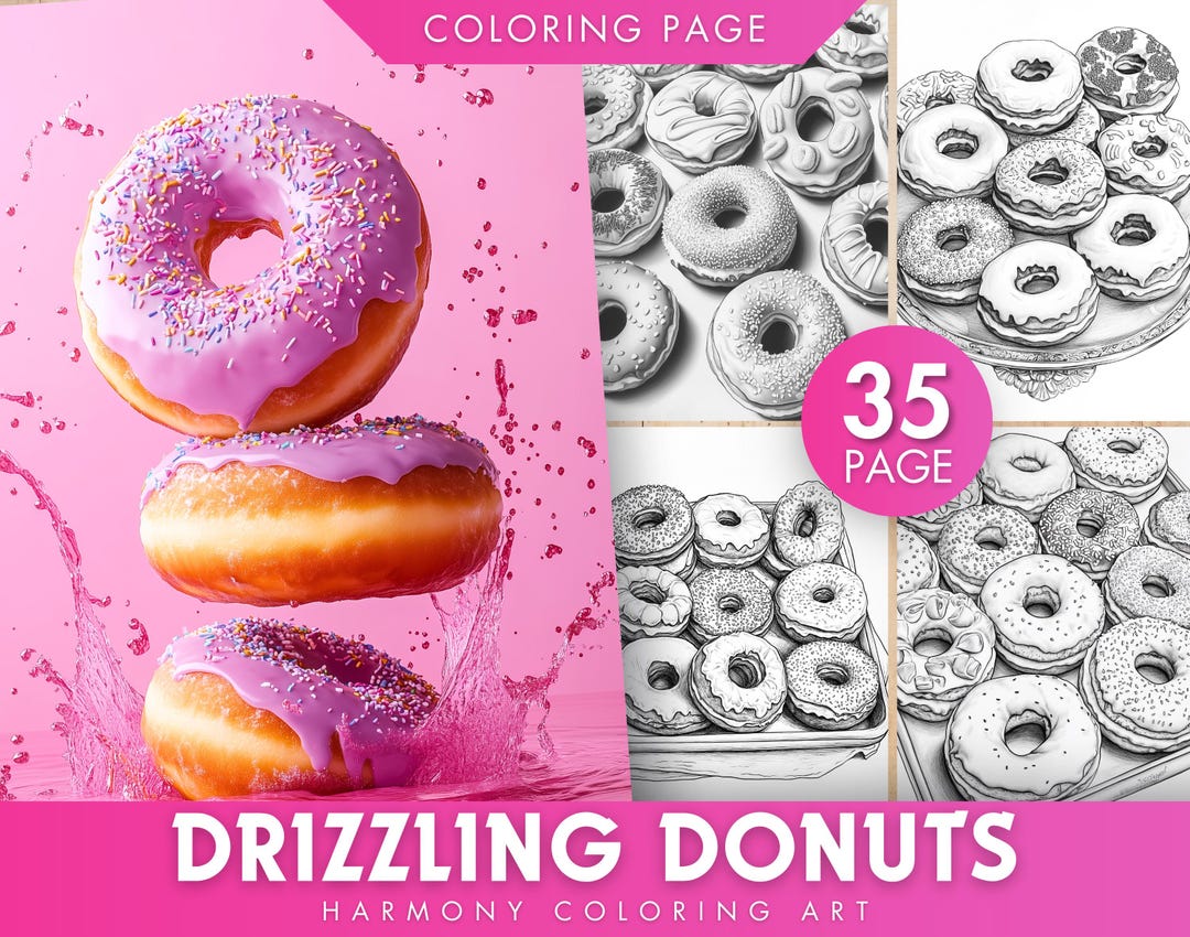 35 Drizzling Donuts Coloring Pages | Grayscale Art Therapy (PDF JPG) - Etsy