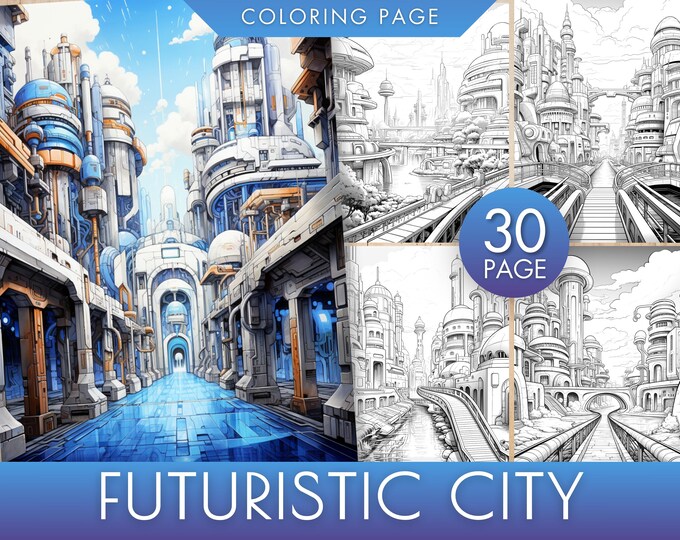 Futuristic City Coloring Pages: 25 Grayscale Illustrations for Adults ...