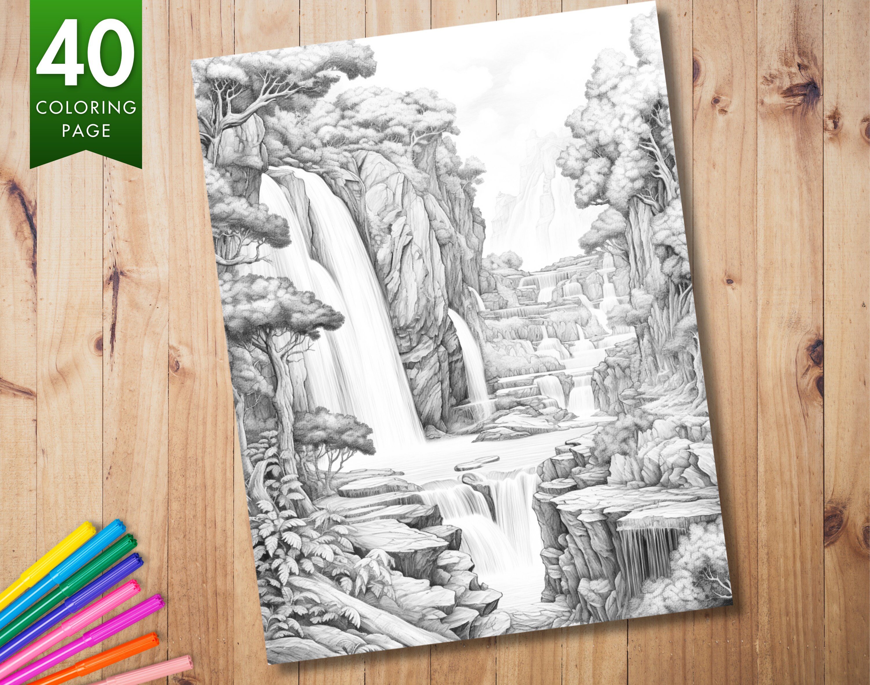 40 Waterfall Coloring Book Printable Adult Coloring Pages Grayscale ...