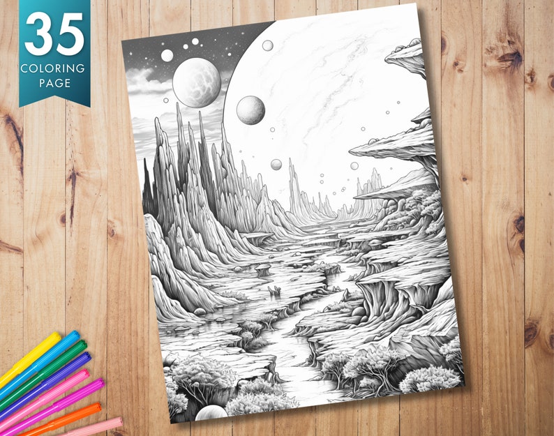 35 Cosmic Planet Grayscale Coloring Pages, Future Universe (JPEG/PDF ...