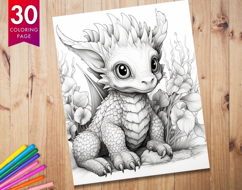 Fantasy Baby Dragon Coloring Pages, Grayscale Art (printable PDF) - Etsy