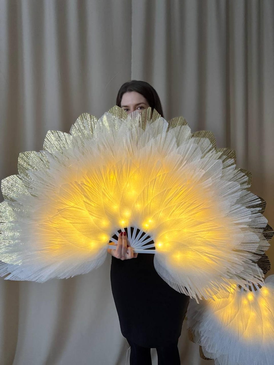 Glowing Hand Fan, White With Gold Fan With Lights, Hand Fan, Fluffy Fan ...
