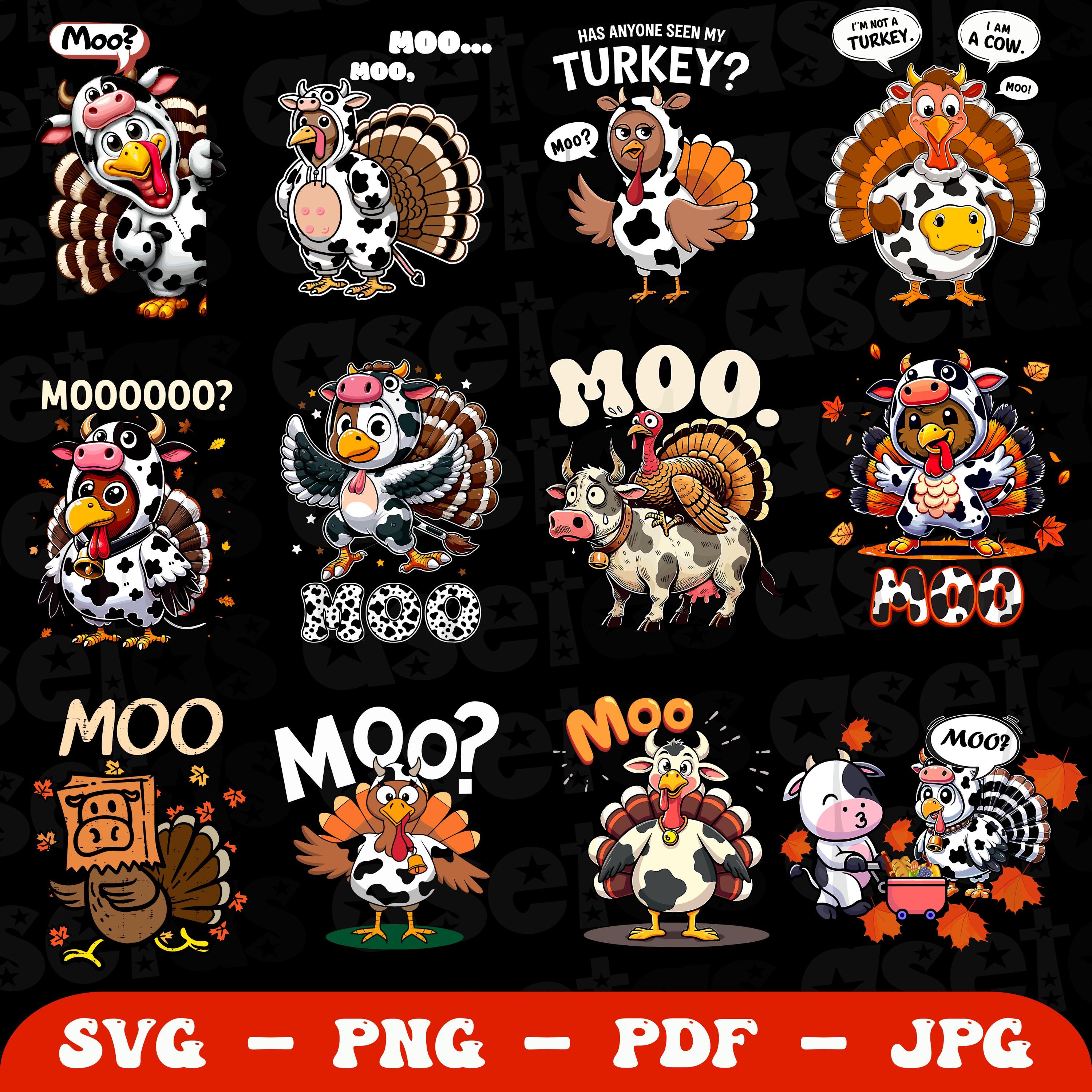 Moo Turkey Thanksgiving Png Svg, Fun Turkey Cow Farm Animals Svg Bundle ...