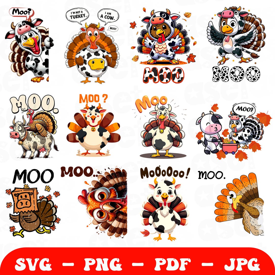 Moo Turkey Thanksgiving Png Svg, Fun Turkey Cow Farm Animals Png Bundle ...