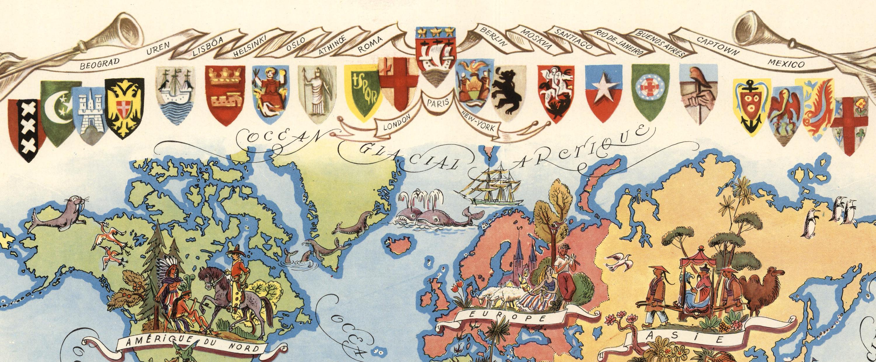 1951 Pictorial World Map | French Art Print | Mid Century Global Travel ...