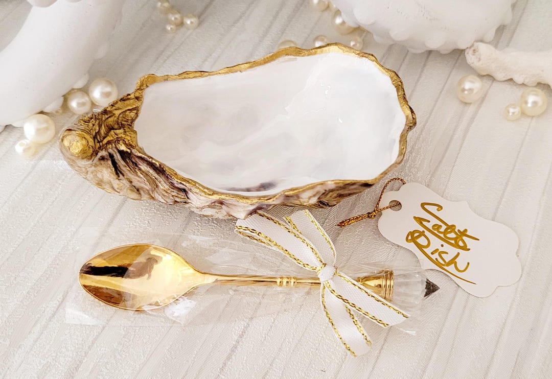 Gold Oyster Shell Salt Dish With Spoon, Coastal Decor - Etsy