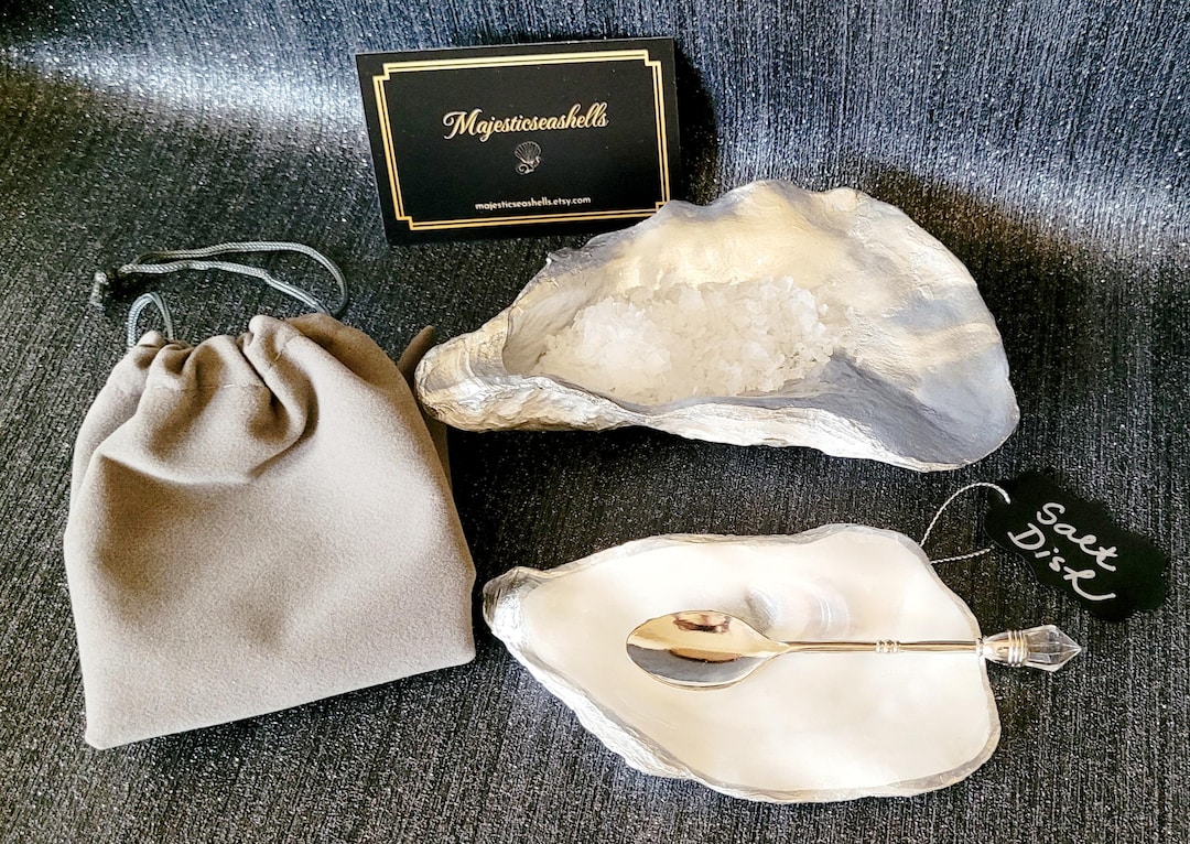 A Perfect Pair Japanese Oyster Shell Salt Dish W Spoon, Salt Cellar ...