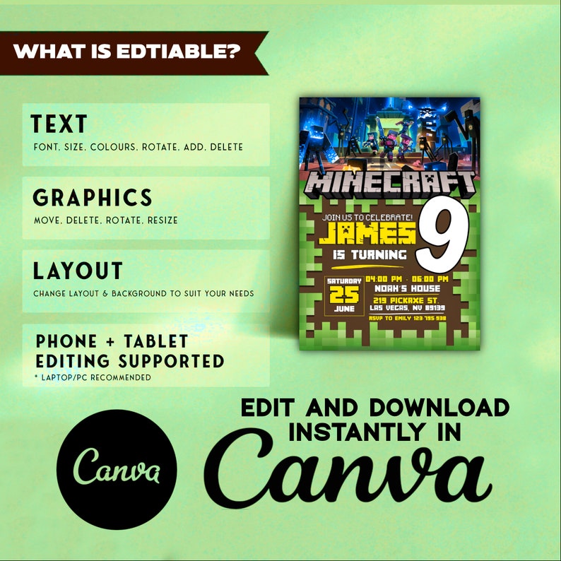 Editable Minecraft Birthday Invitation, Birthday Invite Template, Canva ...