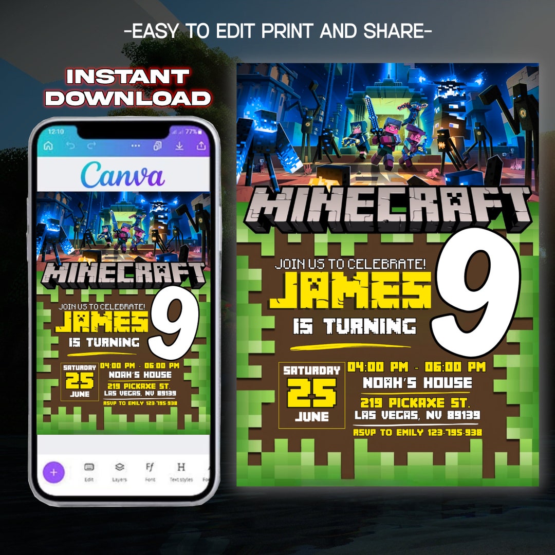 Editable Minecraft Birthday Invitation, Birthday Invite Template, Canva ...