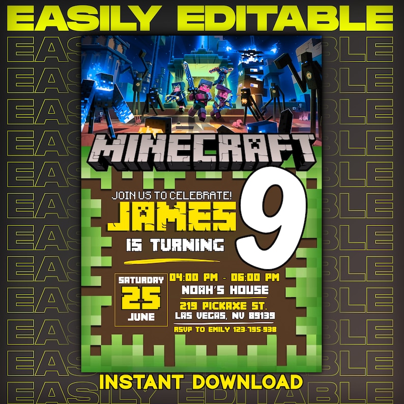 Editable Minecraft Birthday Invitation, Birthday Invite Template, Canva ...