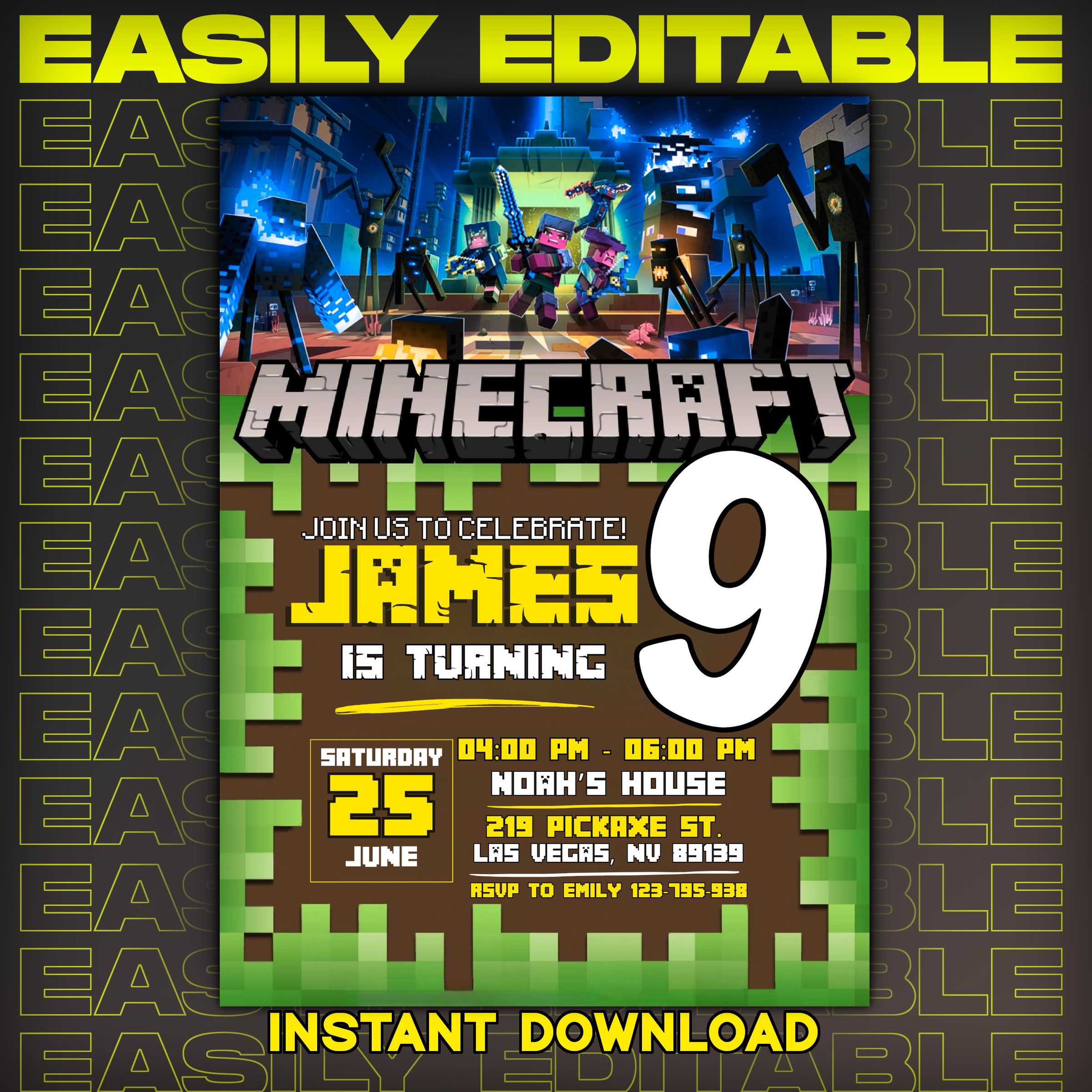 Editable Minecraft Birthday Invitation, Birthday Invite Template, Canva ...