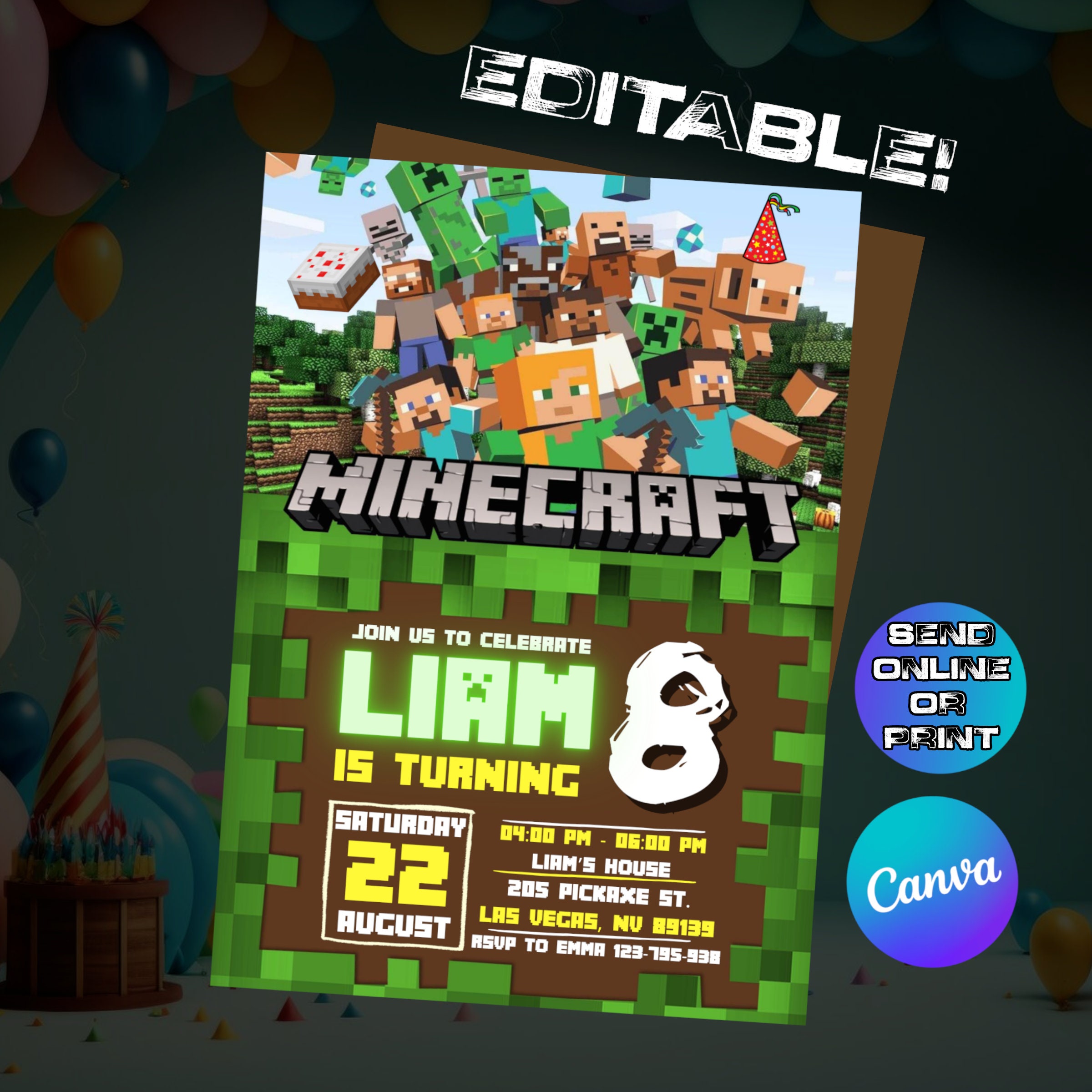 Editable Minecraft Birthday Invitation, Birthday Invite Template, Canva ...