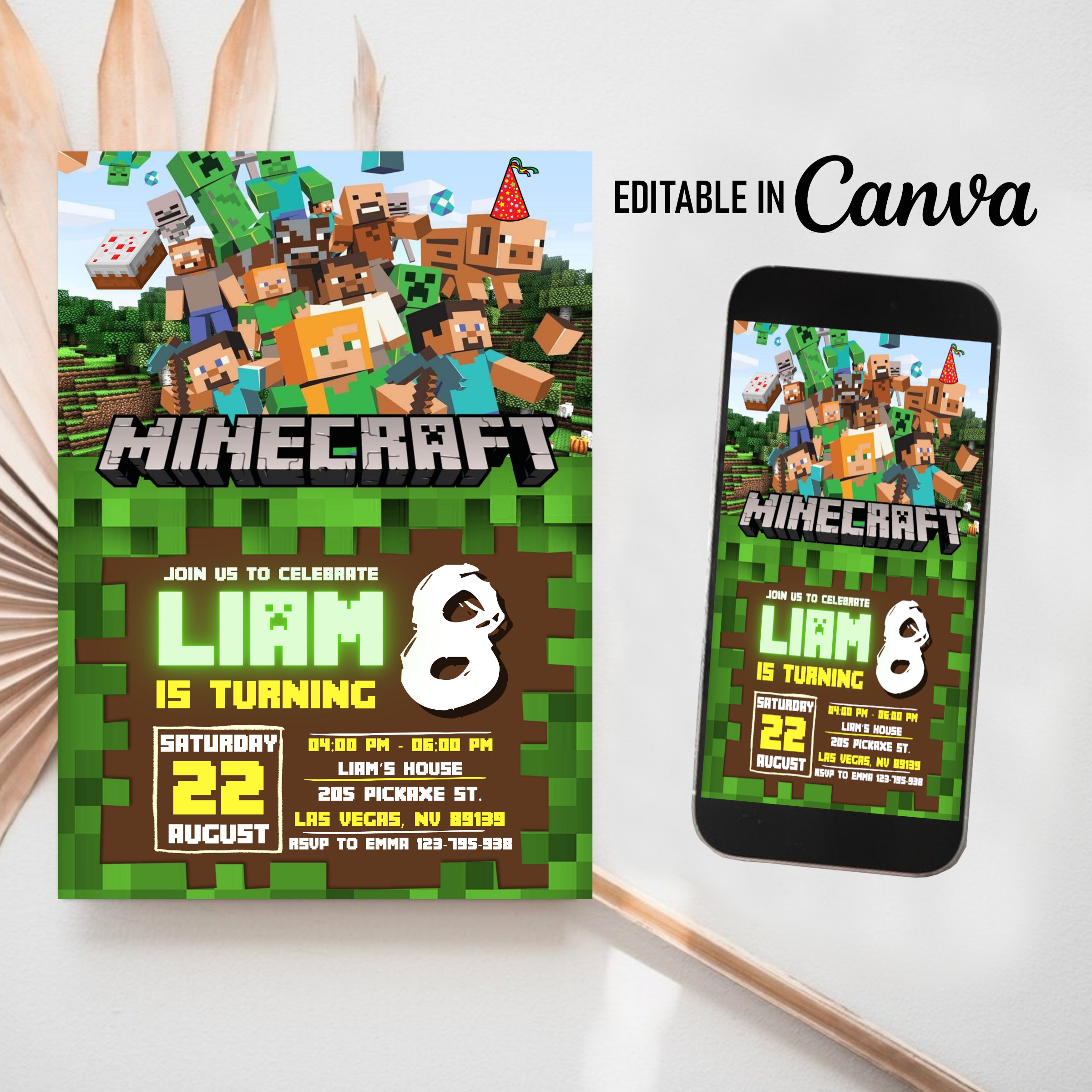 Editable Minecraft Birthday Invitation, Birthday Invite Template, Canva ...