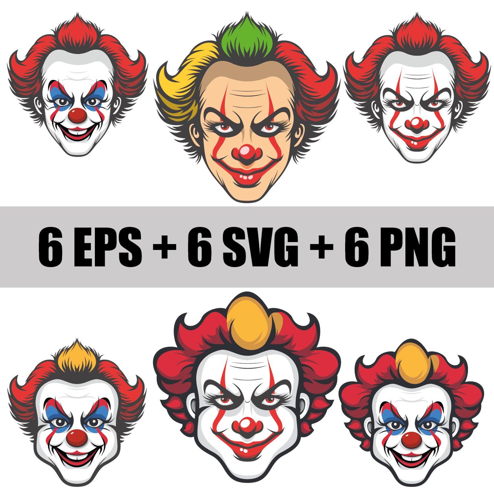 Vector Digital Set of Clown Faces in EPS, SVG and PNG Format, Evil ...
