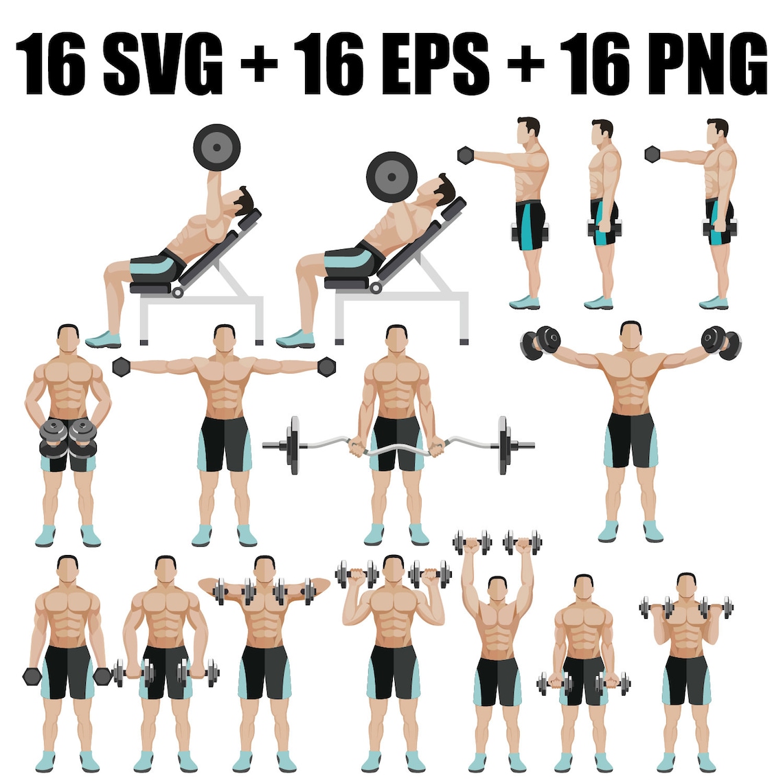 Vector Digital Set of Bodybuilder Icons in EPS, SVG and PNG Formats ...