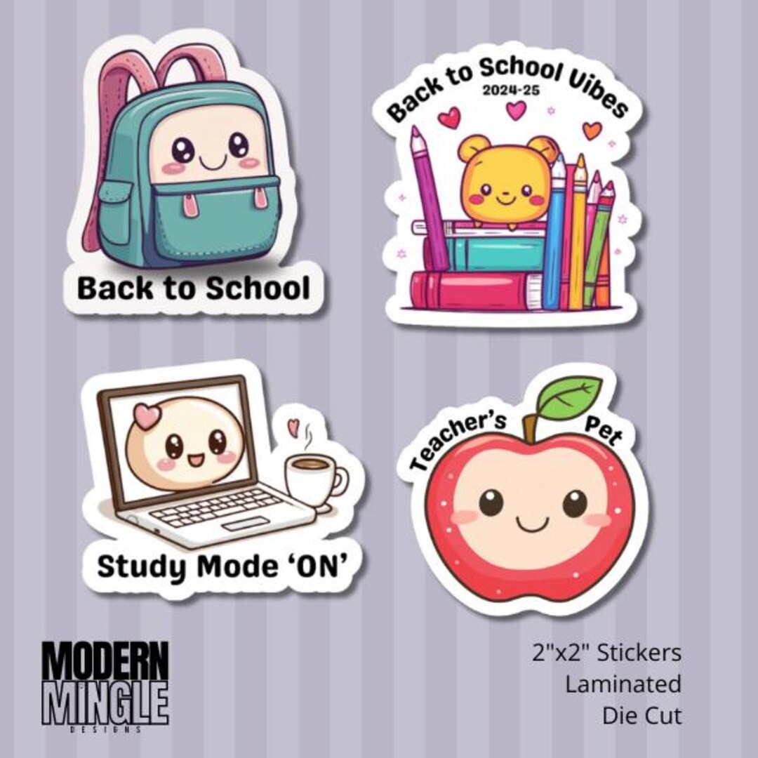 Cute Kawaii - Back to School Stickers 2024 , 2"x2", Laminated, Die Cut ...